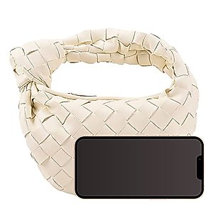 JYG Knoted Woven Handbag for Women Fashion Designer Ladies Hobo Bag Bucket Purse Faux Leather (White)