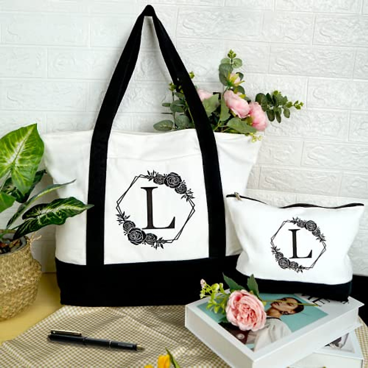 AUNOOL Personalized Tote Bag for Women Initial Embroidery Makeup Bag, Canvas Beach Tote with 2 Pockets, Bridal Party Gifts Reusable Grocery Bags for Wedding Holiday Shopping Picnic Travel Letter E