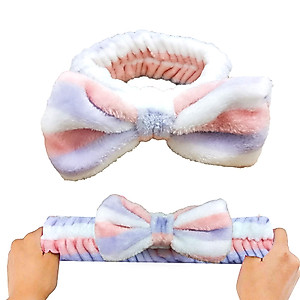 JANEMO Mom Gifts,SPA Headband, Make Makeup Headband,Soft Coral Fleece Bow Decoration,Headbands Gifts for Mom,Women Girls Washing Mother's Day,Grilfriend（Purple White）