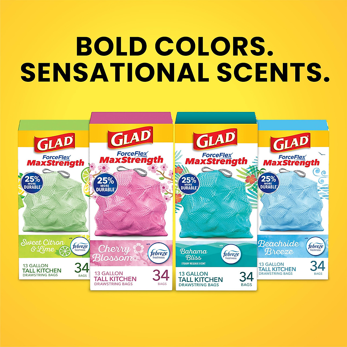 GLAD ForceFlexPlus Tall Kitchen Drawstring Trash Bags, 13 Gallon Pink Trash Bag for Kitchen Trash Can, Cherry Blossom Febreze Freshness and Leak Protection, 90 Count