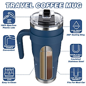 Opreine 32oz Tumbler with Handle, Insulated Tumbler with Straw and Lid, Stainless Steel Double Vacuum Travel Coffee Mug Cup, Fit for Car Holder, Spill Proof, Dishwasher Safe, Sweat Proof, Navy