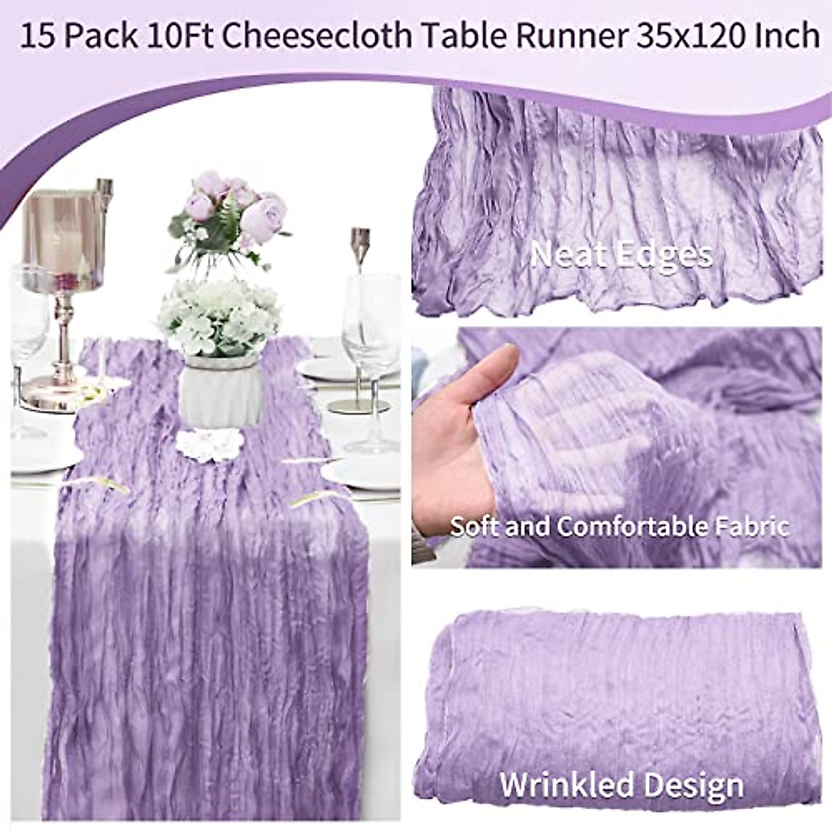 15 Pack Lavender Cheesecloth Table Runner 10Ft Gauze Cheese Cloth 35x120 Inch Boho Table Runner Romantic Table Runner Long Table Cover for Wedding Birthday Party Bridal Shower Reception Table Décor