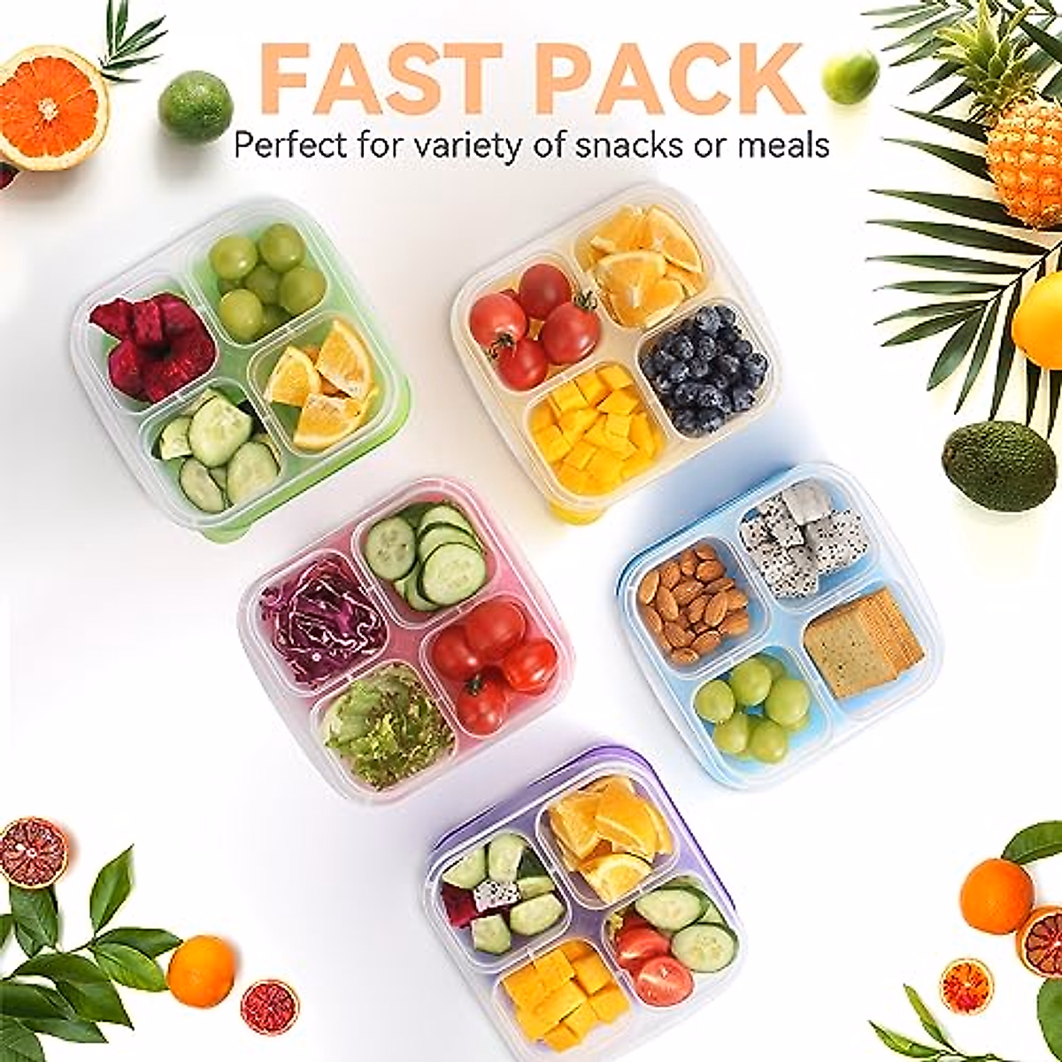 YULEER Bento Snack Boxes - Reusable 4-Compartment Food Containers with Transparent Lids, Set of 10
