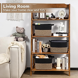 Goodpick Black Woven Rope Basket Set of 3, Shelf Storage Baskets for Books, Towels, clothes, Rectangle Decorative Basket for Living Room, Bedroom, Toy Bin for Nursery