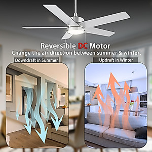 52” Ceiling Fans with Lights, 5 Speeds Reversible DC Modern Ceiling Fan with Pull Chain, 3 Light Colors Dimmable Outdoor Ceiling Fan, Sliver