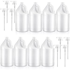 Hoolerry 8 Packs 1 Gallon Plastic Jug with Lids BPA Free Reusable Round Clear Plastic Jug with Cap Heavy Duty HDPE Containers with Pump Dispenser for Sauces Soaps Detergents Liquids Storage