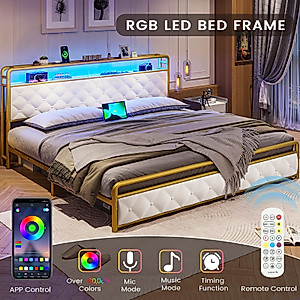 ADORNEVE King LED Bed Frame with Storage Headboard,Upholstered King Size Platform Bed Frame with Power Outlets & USB Ports,Velvet Tufted Headboard & Footboard,Noise-Free,Creamy White & Gold