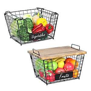 2 Stackable Wire Storage Baskets with Wood Lid and Chalkboards - Kitchen Countertop Organizer for Fruit Vegetable（Onion, Potato) Food Produce - Metal Bin for Pantry Organization and Storage, Black