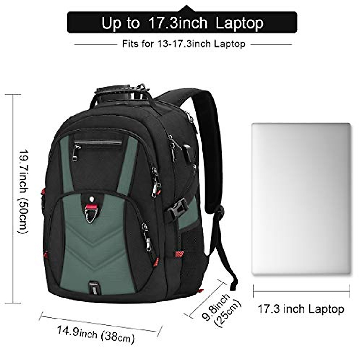 NEWHEY Laptop Backpack 17 Inch Business Travel Backpacks for Men Women Extra Large Waterproof TSA Anti Theft College Bookbags with USB Charging Port 17.3 Gaming Computer Backpack 45L,Green