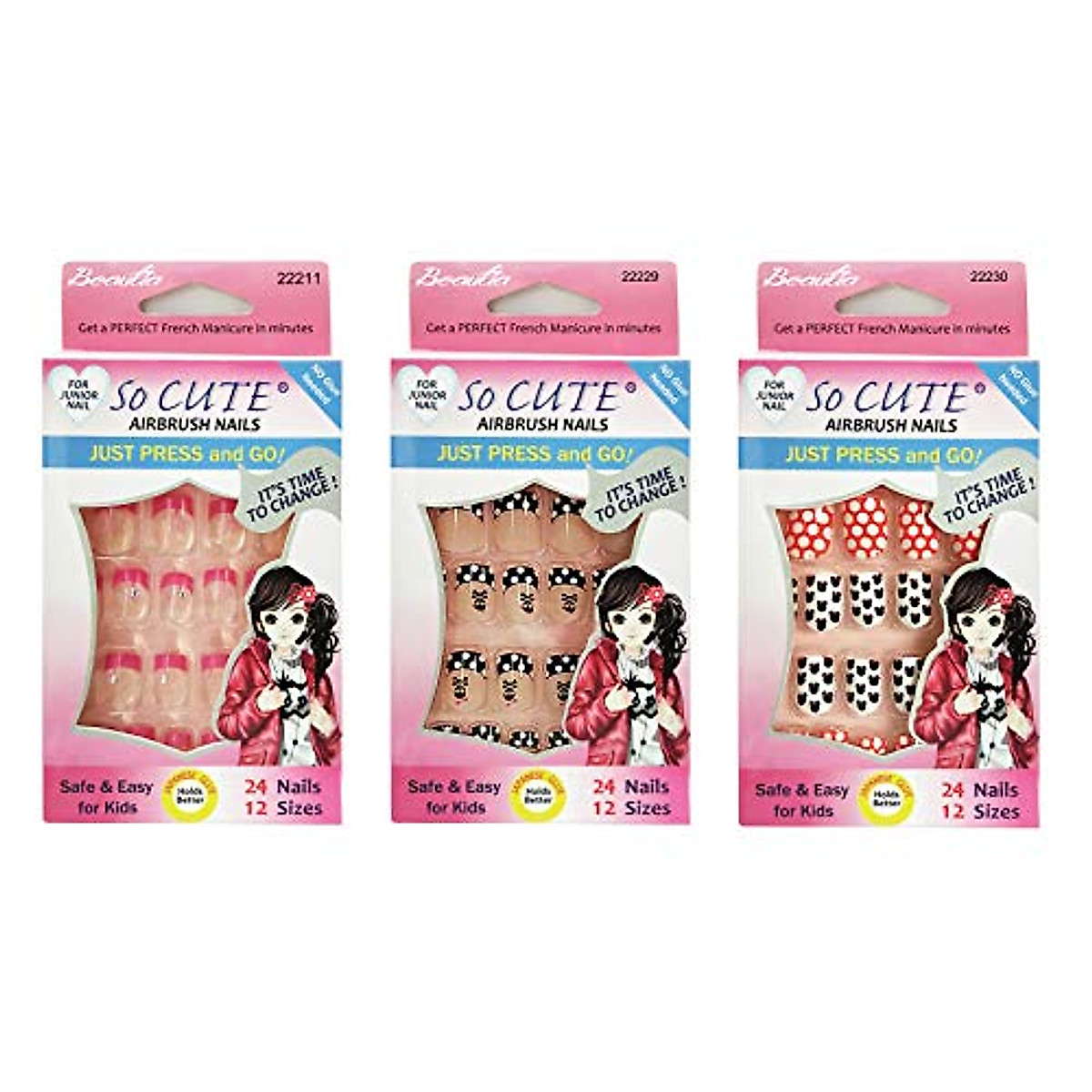 Beautia 3PACK 72Tips So Cute Junior Fake Nails, Sticker Nail for Kids (Pattern 2)