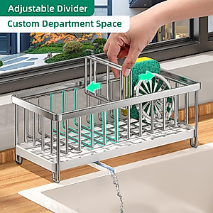 PETXPERT Kitchen Sink Caddy, Sponge Holder for Kitchen Sink, Dish Sponge Organizer with Divider, Rustproof 304 Stainless Steel Dish Brush Holder Storage for Bathroom, Silver