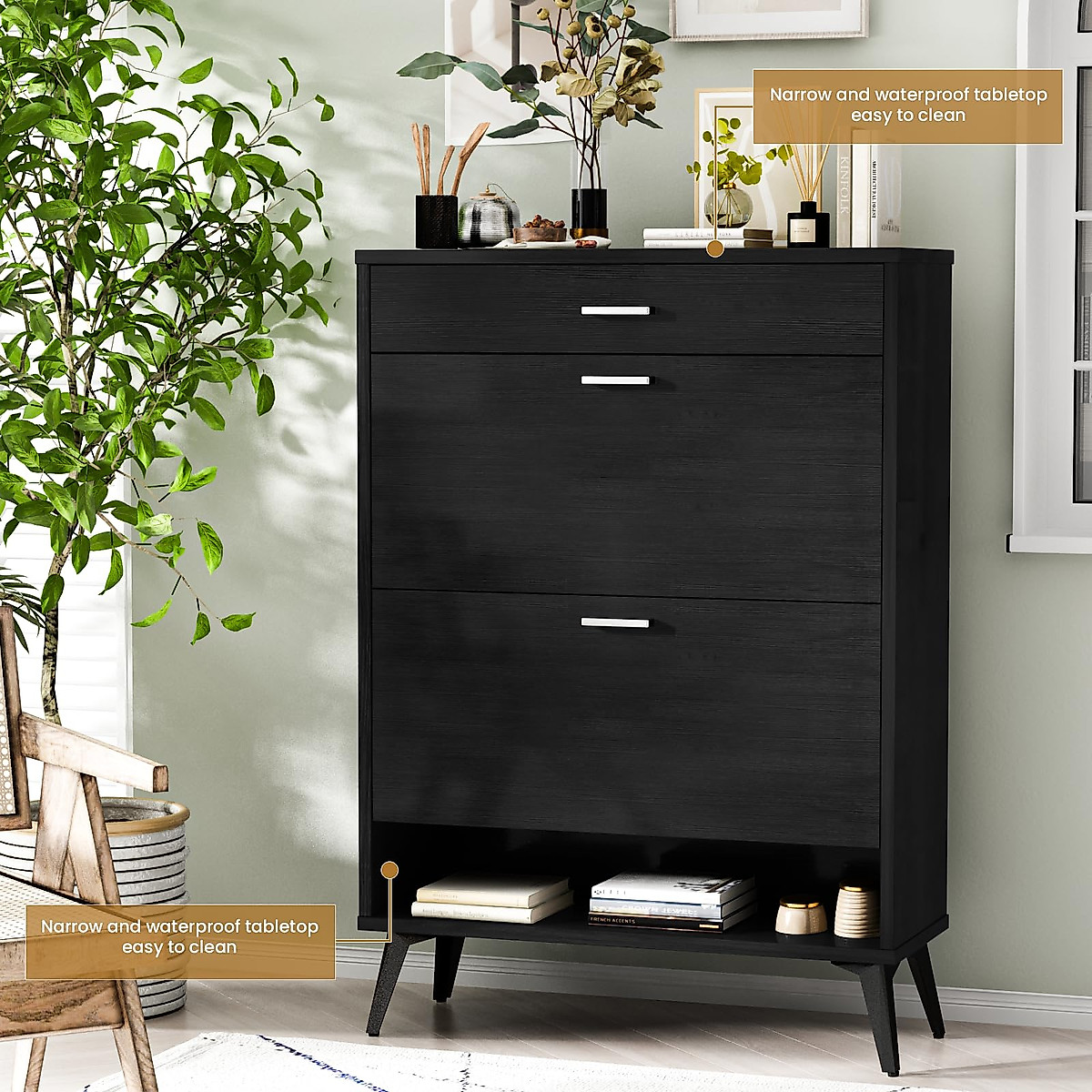 AWQM Shoe Cabinet, Modern Shoe Storage Cabinet with Hidden 2 Flip Drawers and Slide Drawer, Freestanding Slim Shoe Organizer Racks for Entryway, Hallway - Black