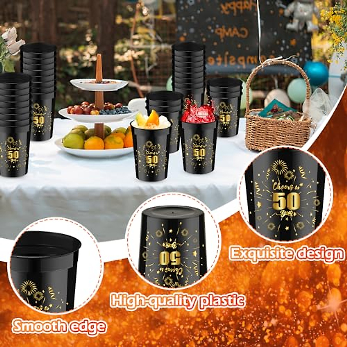 Mototo 60 Pieces 50th Small Birthday Cups 8 oz Cheer to 50 Years Plastic Cups Plastic Birthday Stadium Cups Black and Gold Plastic Cups for Birthday Party Favors Anniversary Wedding Party Supplies