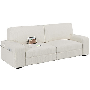 Yaheetech 83.5" W Modern Sofa Couch 2 Seater Corduroy Fabric Sofa with USB Charging Ports & Side Storage Pockets for Living Room Apartment, Ivory