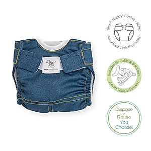 Amazing Baby Hybrid Cloth Diaper Cover/Swim Diaper, Newborn, Sz 1 (8-15 lbs), Use Boosties Disposable or Reusable Inserts, Blue Jean, SmartNappy Set: Cover + Tri-Fold + Booster Pad