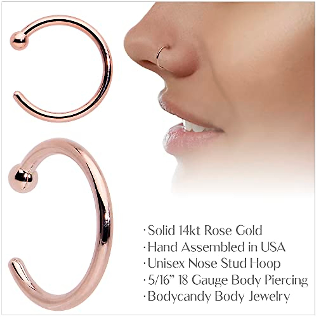 Body Candy Unisex Adult Solid 14k Rose Gold Nose Stud Hoop 5/16" 18 Gauge Body Piercing