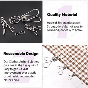 Swpeet 145Pcs 1.7inch 2.4inch 3.2inch Stainless Steel Clothes Pins with Metal Spring Hooks Kit, Multi-Purpose Wire Clip Windproof Clothespin Metal Clips Holders for Clothes