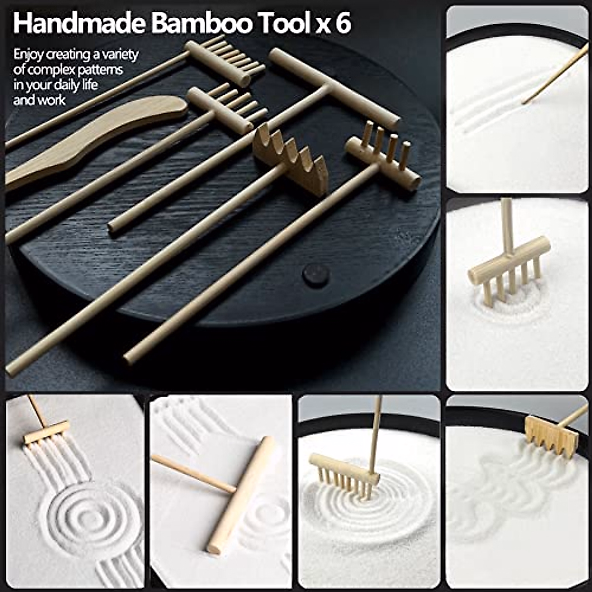 Zen Garden for Desk Japanese Zen Garden Kit 8 Inch Large Round with 6 Sand Rake and Accessories Tray Mini Desktop Zen Decor for Home Office Gift Therapy Relaxation Meditation