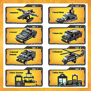 WishaLife 8 IN 1 City Police SWAT Mobile Command Center Truck Toy Building Set, with Police Station Toy, Police Car Toy, Helicopter Toy, Boat Toy, Fun Police Toys Gift for Kids, Boys, Girls Age 6 Plus