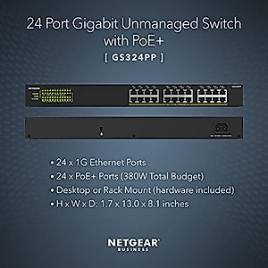 NETGEAR 24-Port Gigabit Ethernet Unmanaged PoE+ Switch (GS324PP) - with 24 x PoE+ @ 380W, Desktop or Rackmount