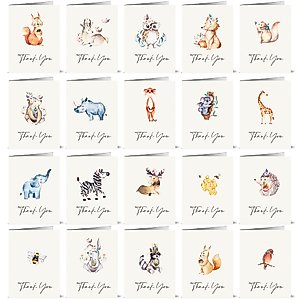 the lazy panda card company 20 x Watercolor Animal Thank You Cards with Envelopes