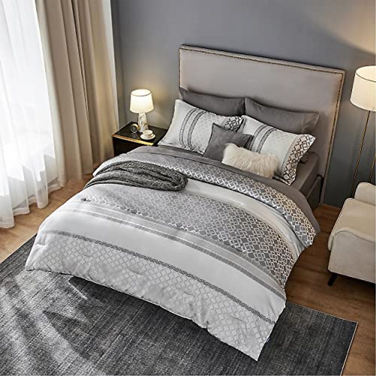 Bedsure Queen Size Bedding Set - 7 Pieces Hotel Style Queen Bed in a Bag Comforter Set with Sheets, Soft Textured Queen Bedding Comforter Set, Luxurious Grey Bedding Set