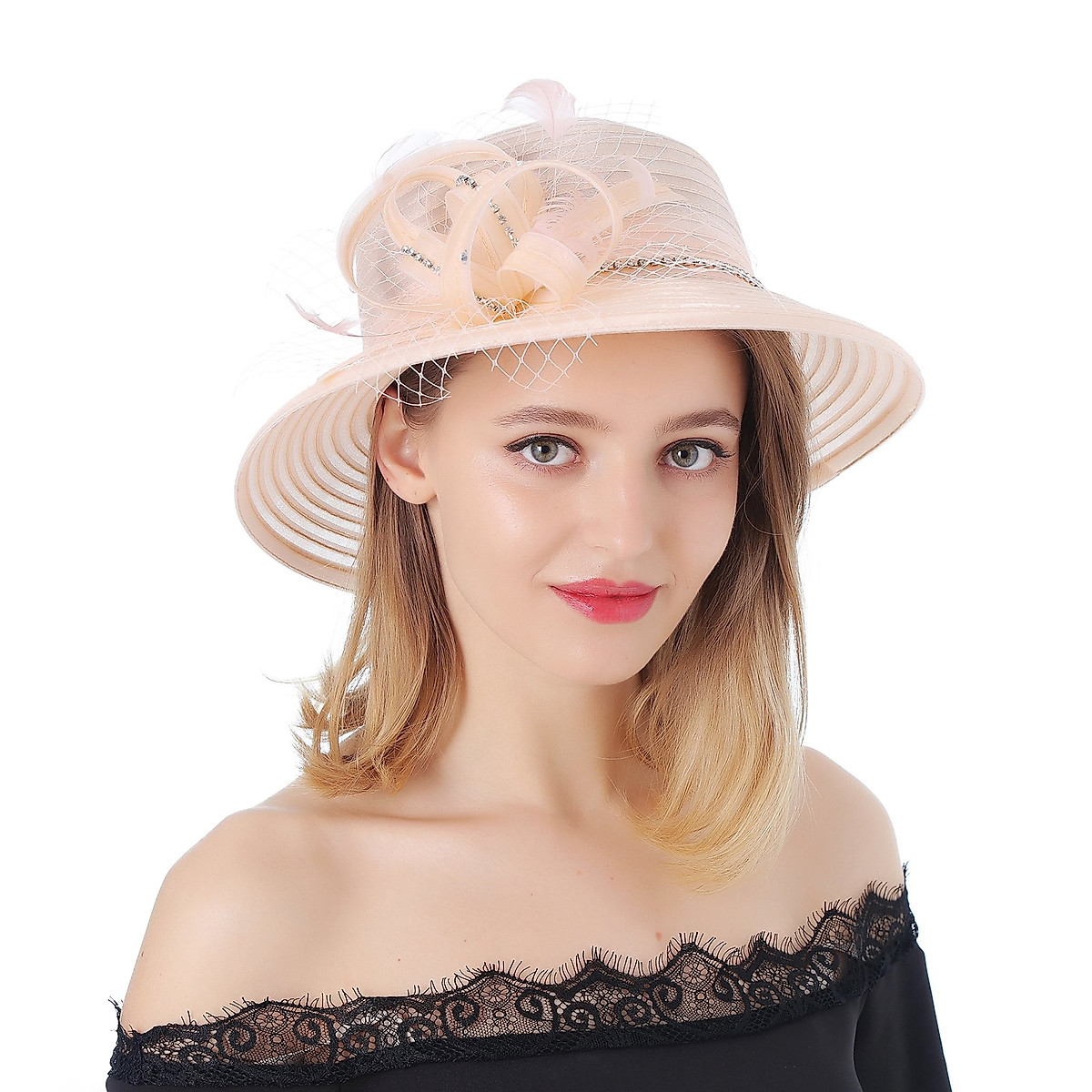 DANTIYA Women's Bowler Church Cloche Hat Bling Bing Organza Bridal Dress Cap (Pink, One Size)