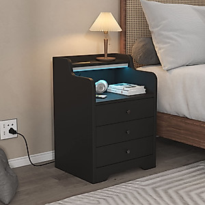 Gdvsclr Nightstand with Charging Station, Nightstand with LED Lights, 3 Drawers Bedside Table for Bedroom/Dormitory, Led Nightstand with Open Storage Shelf, 3 USB Ports & 2 Outlets, Black