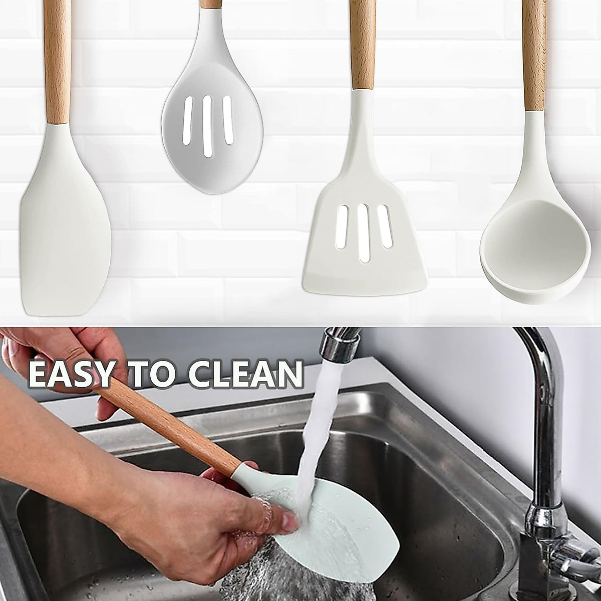 IOCBYHZ Silicone Kitchen Utensils Set of 5, Cooking Utensils Set with Heat Resistant Wooden Handle Non-Stick Silicone Spatula Spoon Turner Ladle Set, BPA FREE Kitchen Gadgets Utensil Set for Cookware