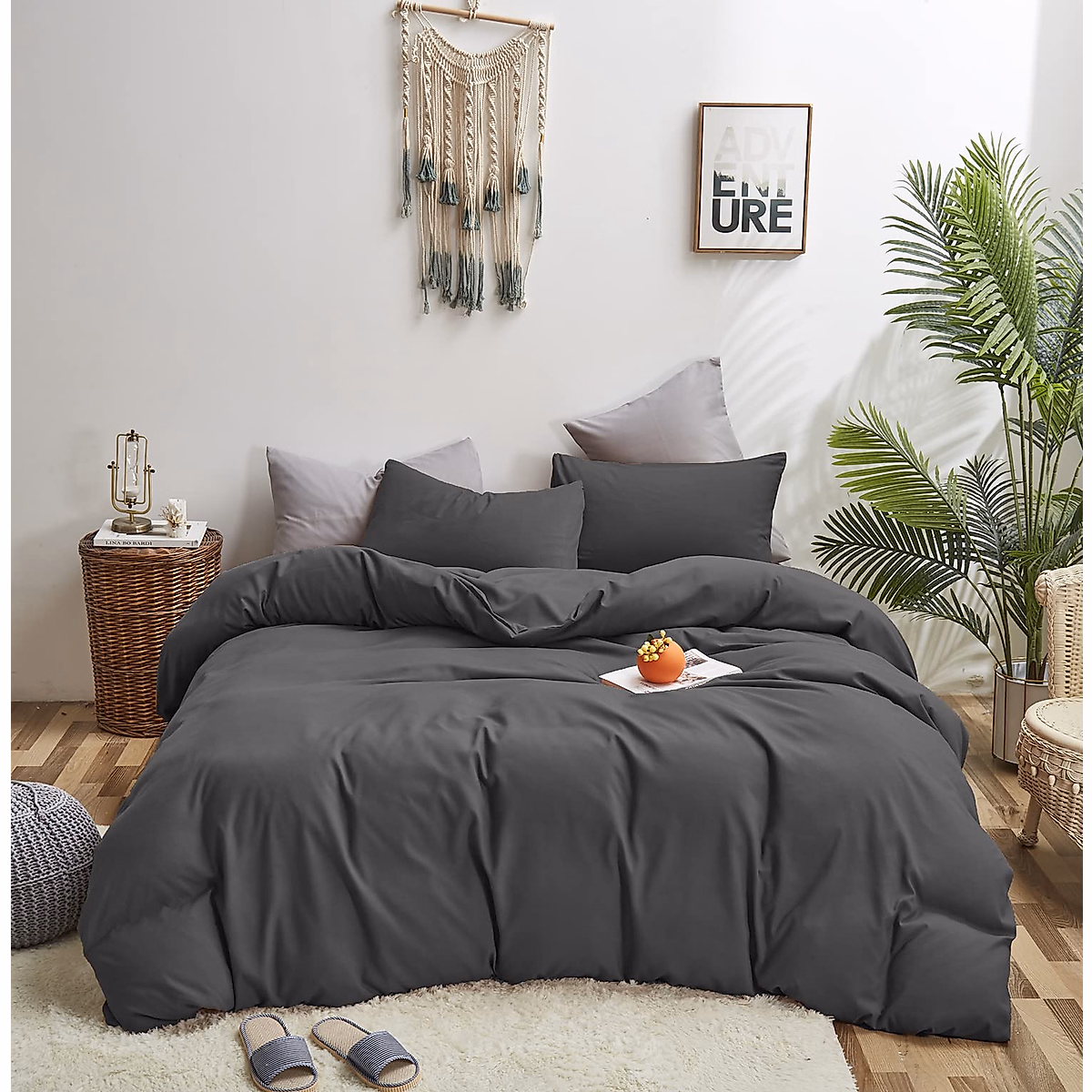 KAREVER Deep Grey Comforter Set Queen Dark Gray Bedding Set Teens Adult Solid Gray Color Bedding Set 3 Pieces with 2 Pillowcases Women Lightweight Durable Full Blanket Quilts Set Gray Bed Comforter