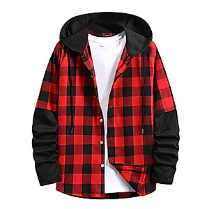 WUAI-Men Plaid Flannel Hoodie Jacket Long Sleeve Casual Button Up Quilted Buffalo Thermal Sweatshirt Fall Winter Outwear(Red,Small)