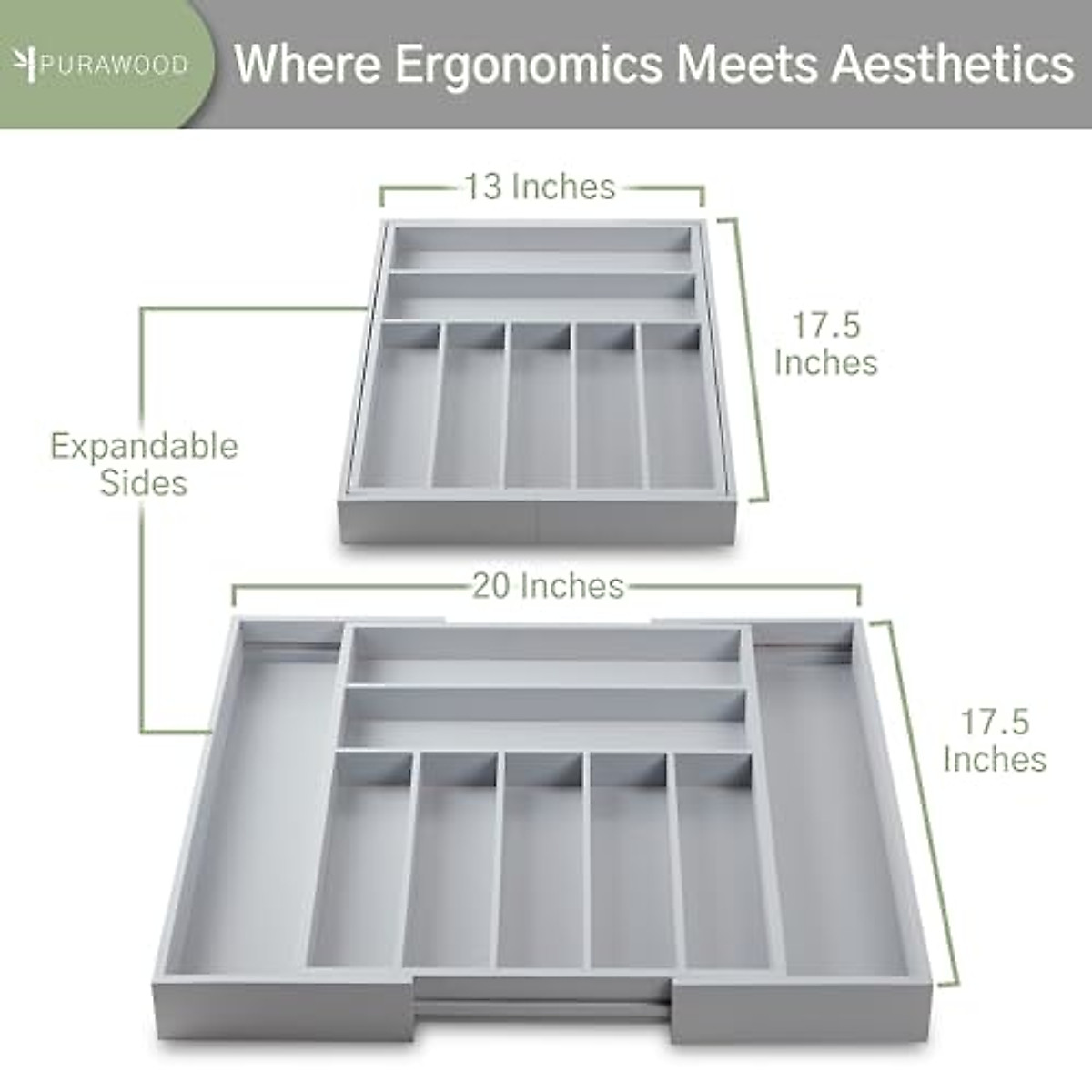 Purawood - Large Premium Bamboo Silverware Organizer - Expandable Kitchen Drawer & Utensil Organizer, 17.5" x 19.75" Cutlery Tray with Drawer Dividers for Kitchen Flatware (7-9 Slots) (Grey)