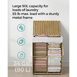 SONGMICS Laundry Hamper with Lid, 23.8 Gallon (90 L) Synthetic Rattan Clothes Laundry Basket with Lid and Handles, Foldable, Removable Liner, Goose Yellow ULCB51NL