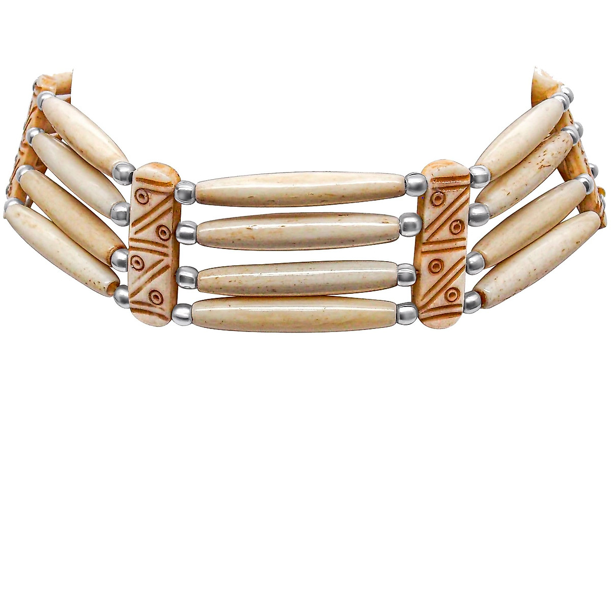 outROAR Gear American Indian Style Bone Choker Necklace, 4 Row Off-White Traditional Hairpipe Beads, Unisex Adjustable