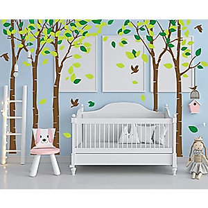 Large Five Family Trees with Birds and Birdcage Jungle Tree Wall Decal Removable Vinyl Sticker Mural Art Baby Girl Nursery Decor Baby Room Decor Kids Room Decor (103.9x70.9) (Brown)