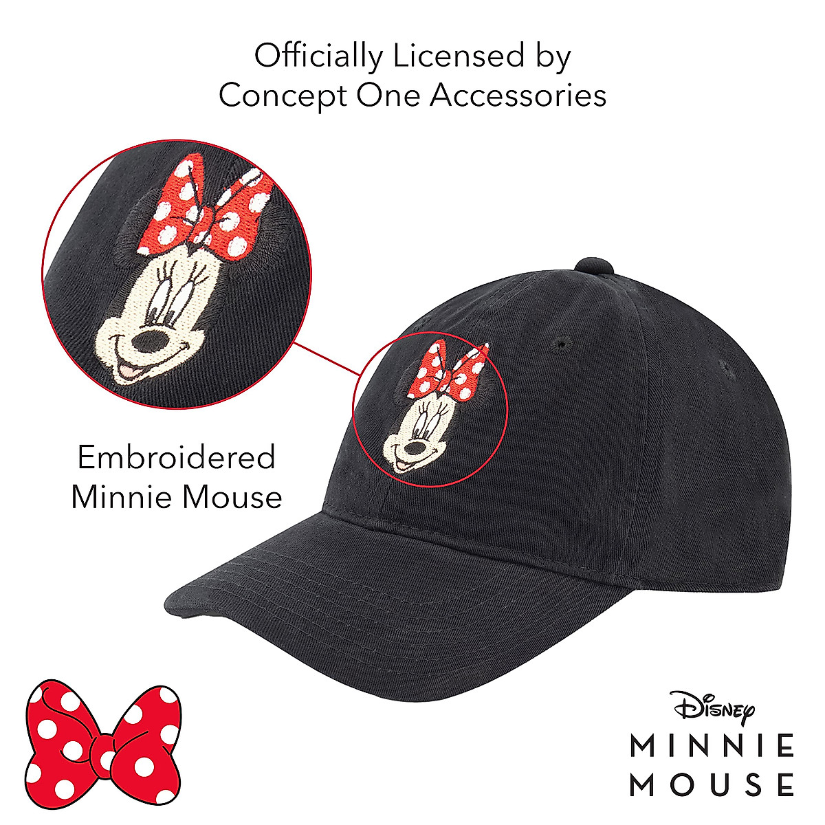 Disney Minnie Mouse Dad Hat, Cotton Adjustable Baseball Cap with Curved Brim, Black, One Size