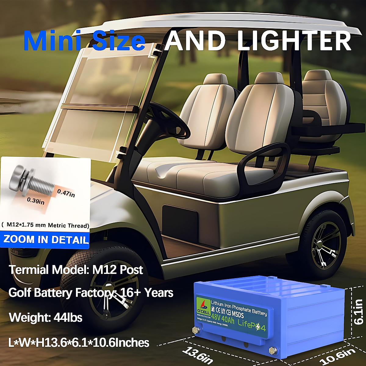 OCELL [2-3 Days Delivery 48V 40Ah LiFePO4 Lithium Deep Cycle Battery 10 Years Lifespan + 58.4V 5A Charger, 4096W Power Rechargeable Battery for Golf Cart, Club Car, Summer Off-Grid Outages, RV, Boat