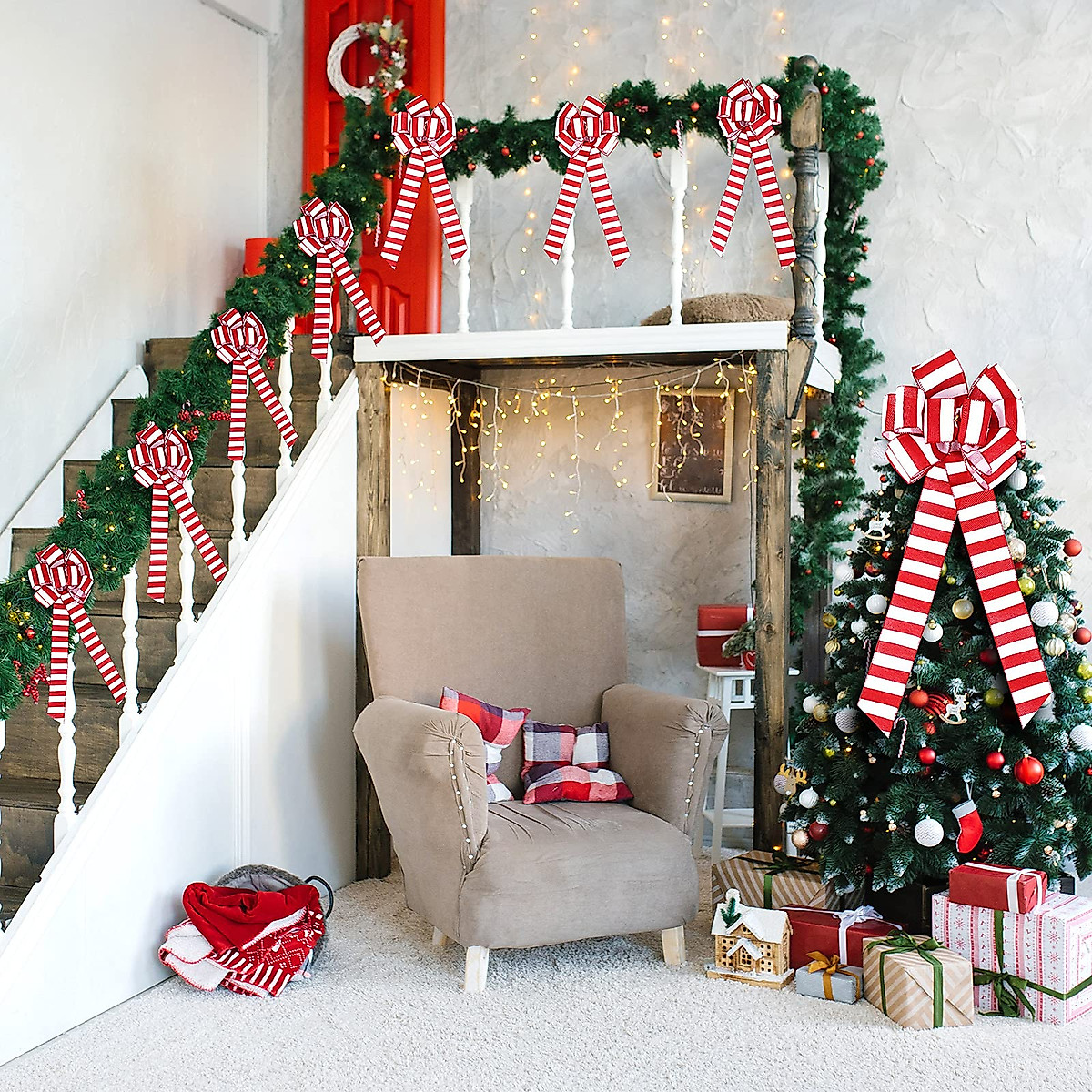 WILLBOND Christmas Red White Bow Red White Stripe Christmas Candy Cane Pattern Burlap Large Wreath Ribbon Bow Decorative for Tree Holiday Decoration Supplies, 25.6 x 9.8 Inch