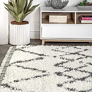 JONATHAN Y MCR102B-8 Mercer Shag Plush Tassel Moroccan Tribal Trellis Geometric Indoor Area-Rug Bohemian Contemporary Easy-Cleaning Bedroom Kitchen Living Room, 8 X 10, Cream/Grey