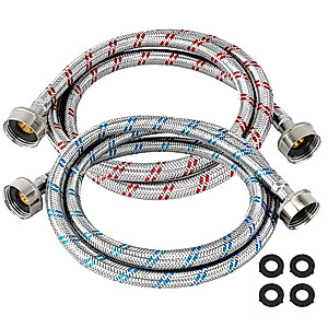 Beaquicy 4 Ft Washing Machine Hoses Burst Proof Braided Stainless Steel - Fit for ALL Washers - Red and Blue Washer Hoses(2 Packs)