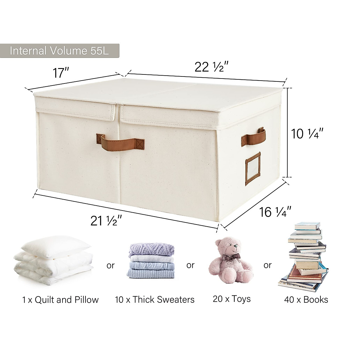 StorageWorks 45L Extra Large Fabric Storage Bins with PU Handles 2-pack, 55L Storage Bin, Decorative Closet Storage Box with Double-Open Lid