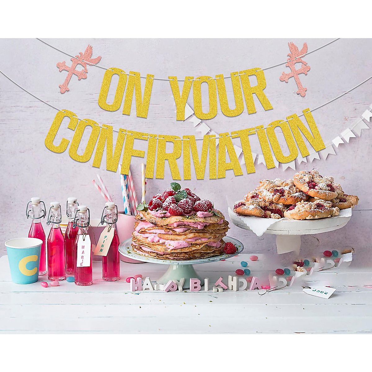 On Your Confirmation Banner, Holy Confirmation Banner Decorations, Bachelorette, Engagement, Bridal Shower, Wedding Anniversary Party Decorations Supplies Gold Silver Glitter
