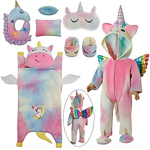 Windolls Girl 18 Inch Doll Sleeping Bag & Clothes Accessories Set - Unicorn Doll Costume with Unicorn Style Sleeping Bag, Eye Masks, Pillow, Slippers - Fits My Life, Generation, Journey Dolls
