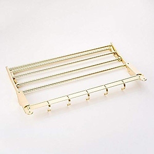 Muti-Function Bathroom Shelf, Space Aluminum Shower Towel Holder, Wall Mounted Double Layer Shelves, Foldable Antirust Towel Rack for Bathroom Hotel 4-Bar 4 Hooks (Color : Gold)