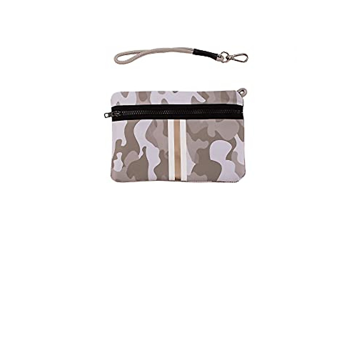 Haute Shore - Greyson Sahara Neoprene Tote Bag wZipper Wristlet Inside, Beige Camo WWhite & Rosegold Stripe
