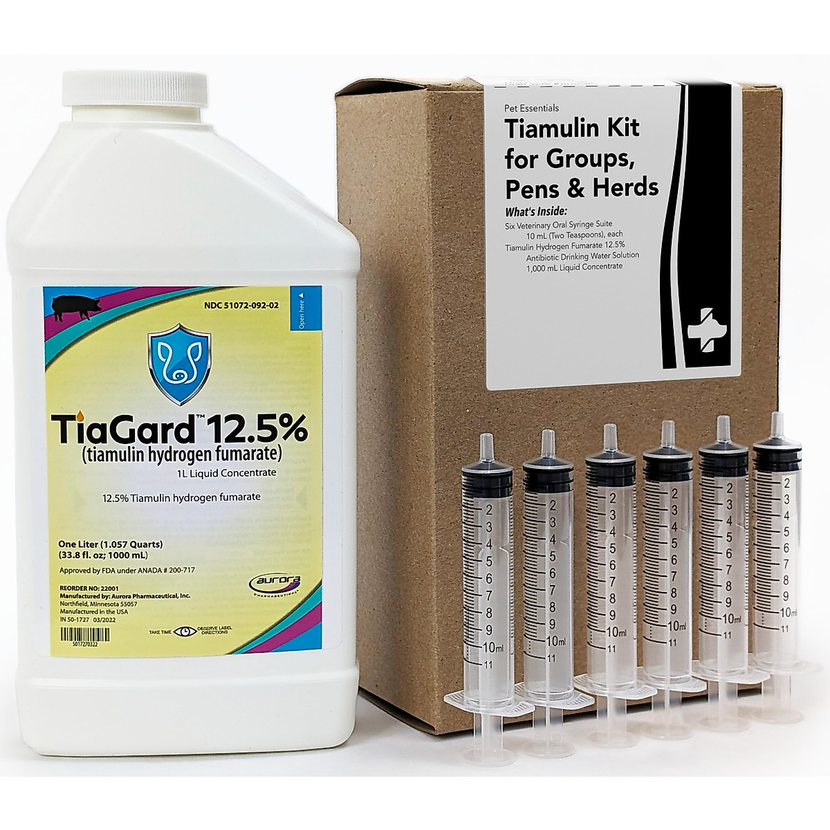 TiaGard Tiamulin 12.5% Liquid Concentrate (1,000 mL) w/ Veterinary Syringe Kit - Generic for Denagard - Antibiotic Drinking Water Solution in Groups, Pens & Herds - Antibiótico Tiamulina para Cerdos