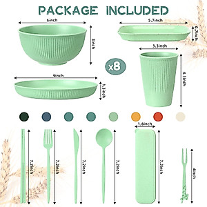 Sets of 8 Wheat Straw Dinnerware (64 Pcs) Microwave Safe Unbreakable Plates Bowls Cups Sets with Cutlery Utensils Colored Lightweight Plastic Dinnerware for Kids Adults Camping Picnic Dorm RV Kitchen