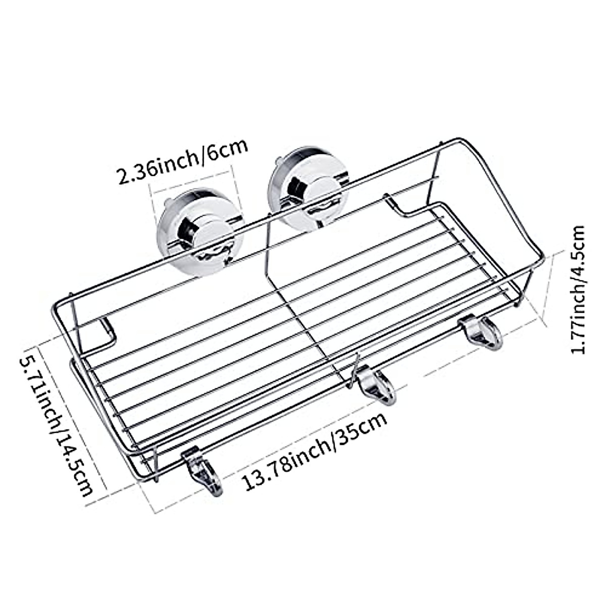 Queta Strong Suction Cup Shower Caddy Bath Shelf Storage with 3 Hooks, Wall Mounted Bathroom Organizer Stainless Steel shower Rack for Shampoo Conditioner Razor, Rectangle Basket for Kitchen Storage