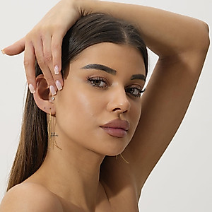 NOKMIT Threader Earrings for Women 14K Gold Tone Long Lightweight Dangle Drop Earrings Dainty Curved Bar Thin Chain Threads Hypoallergenic Jewelry Gifts