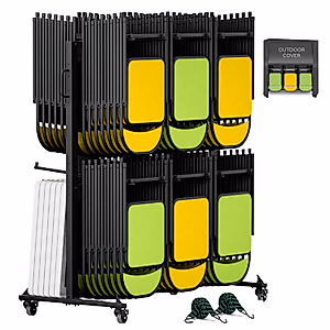 Folding Chair Rack Folding Chair Cart with Capacity 84 Folding Chair Storage Rack 360° Rubber Locking Wheels Weatherproof Cover Mobile Chair Dolly for Stackable Chairs Folding Tables and Chairs